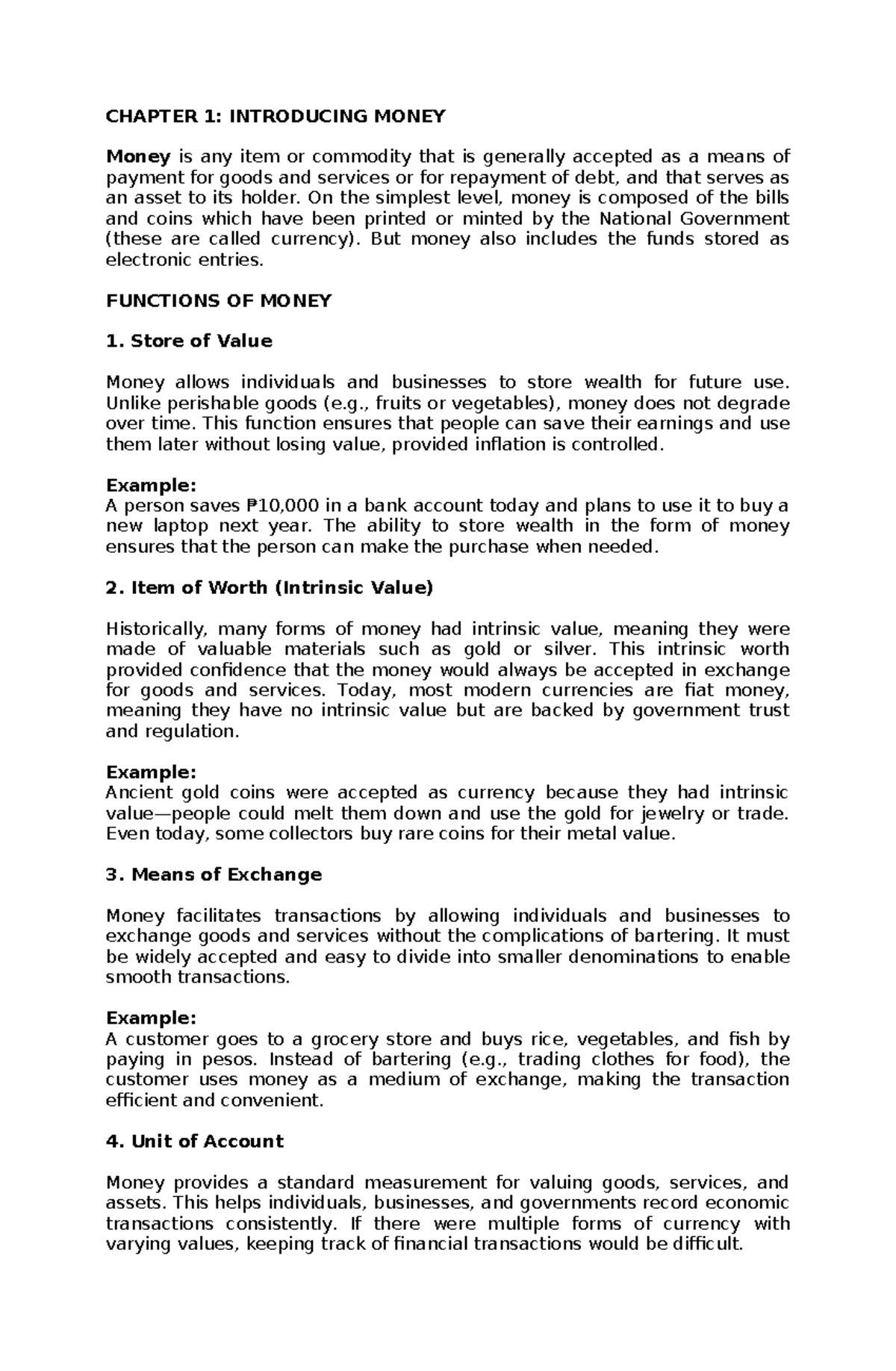 CHAPTER 1: INTRODUCING MONEY - Functions, Characteristics, and Supply ...