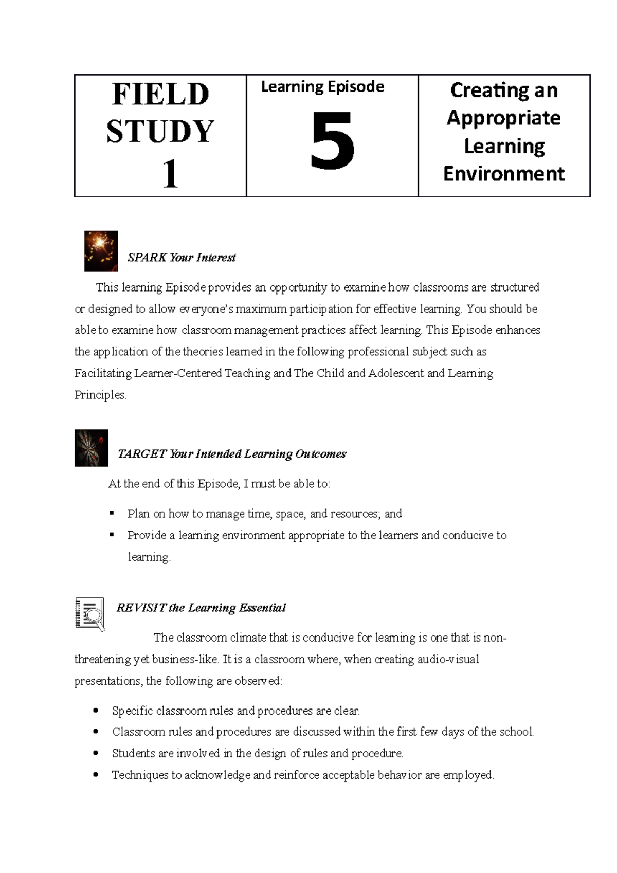 FS 1 Learning Episode 5 Creating on appropriate learning environment 1 ...