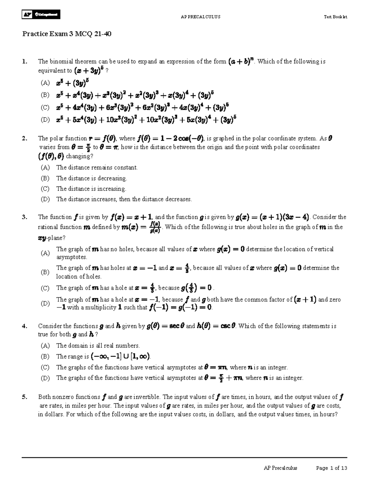 AP PRECALCULUS Test Booklet Practice Exam 3 MCQ Review - Studocu