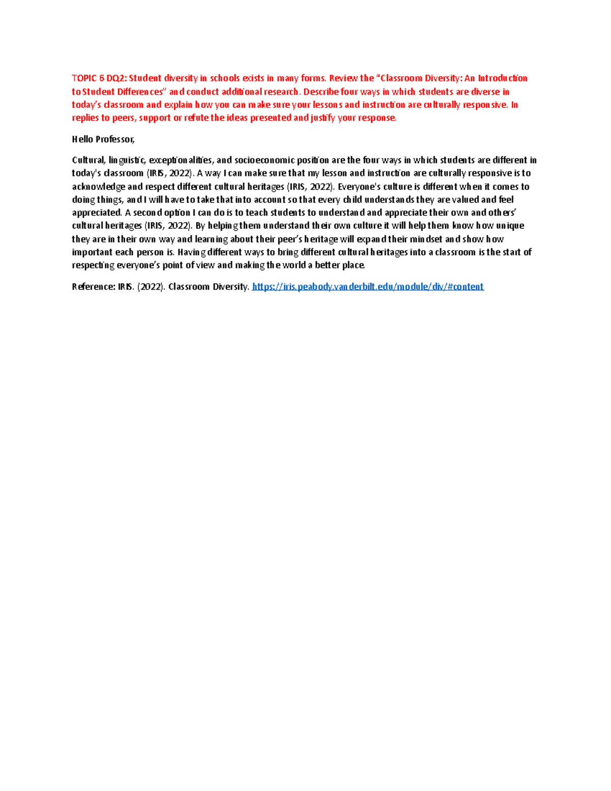 SPD-200 TOPIC 6 DQ2: Addressing Student Diversity in Classrooms - Studocu