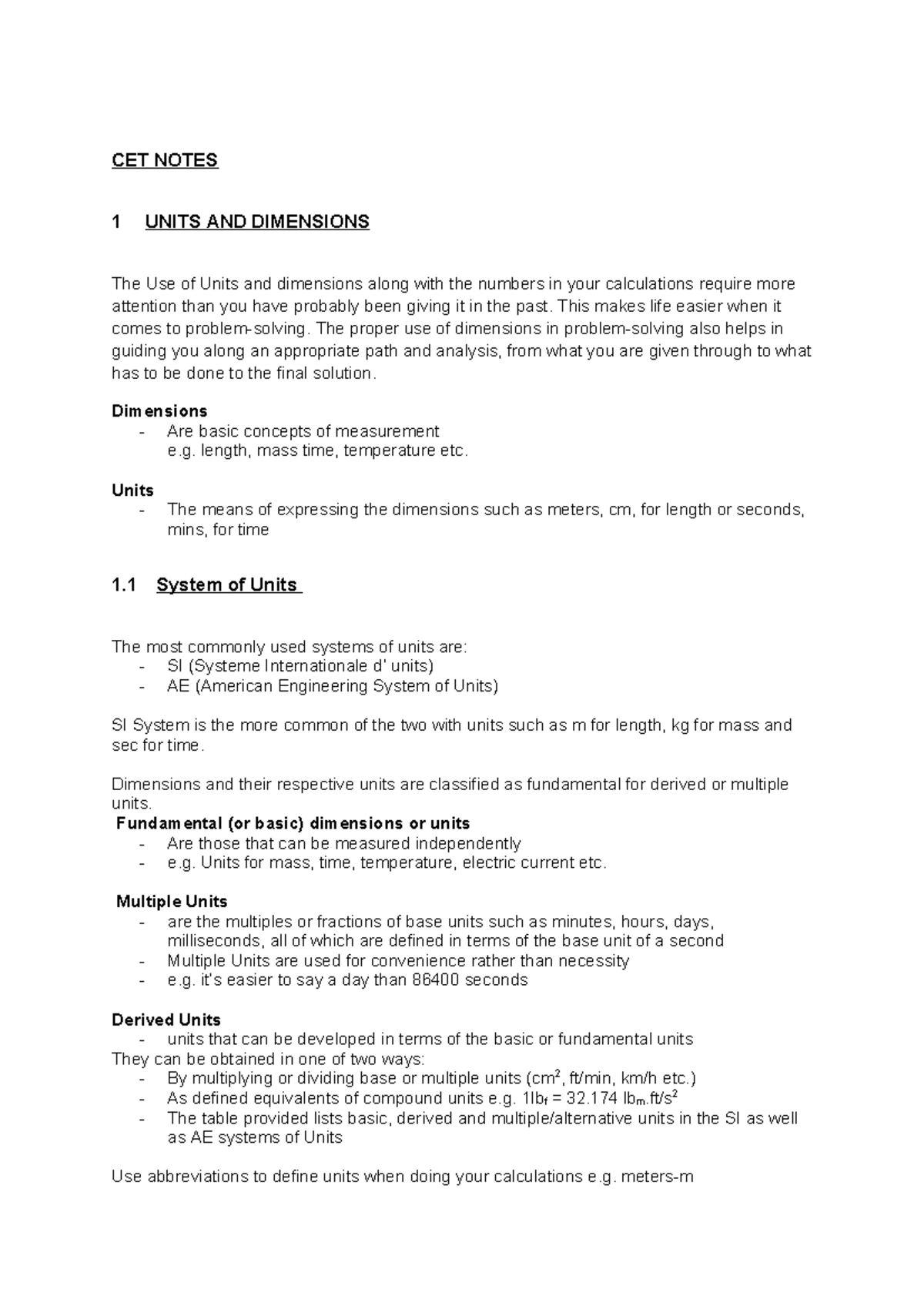 CET NOTES 1: Understanding Units and Dimensions in Calculations - Studocu