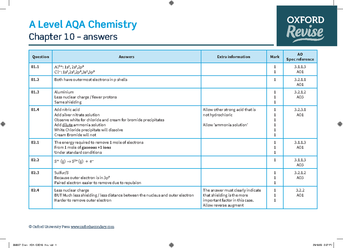 AQA A Level Chemistry: Chapter 10 - Answer Key & Explanations - Studocu