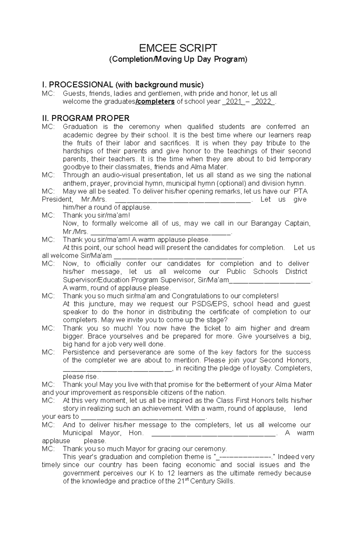 Emcee Script for Graduation Ceremony - Moving Up Day Program - Studocu