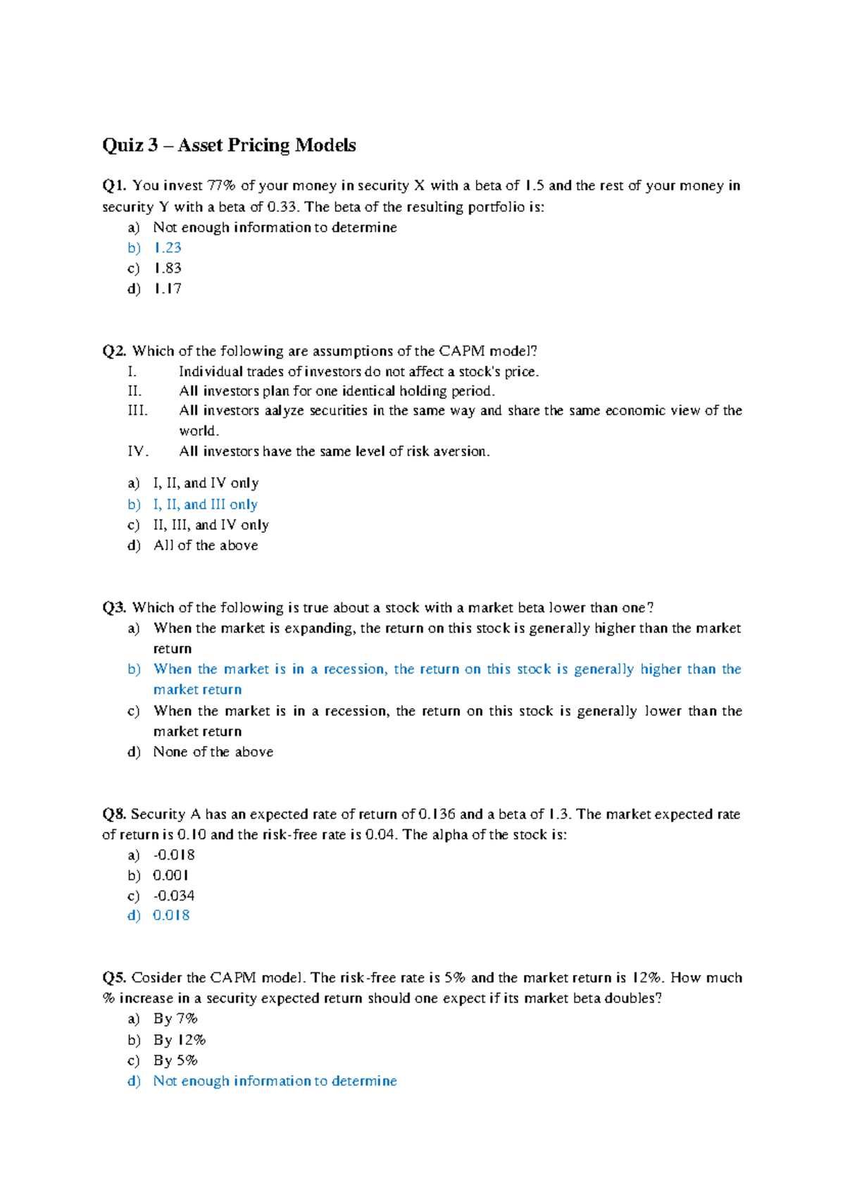 Quiz 3: Asset Pricing Models and CAPM Analysis - Studocu