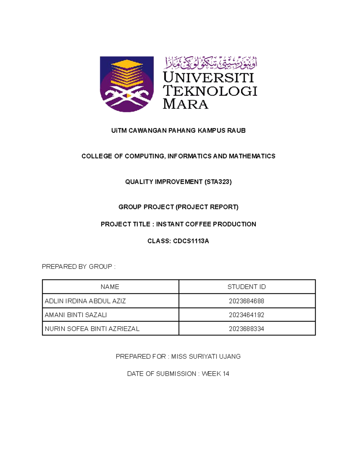 Quality Improvement in Instant Coffee Production (STA323) Project ...