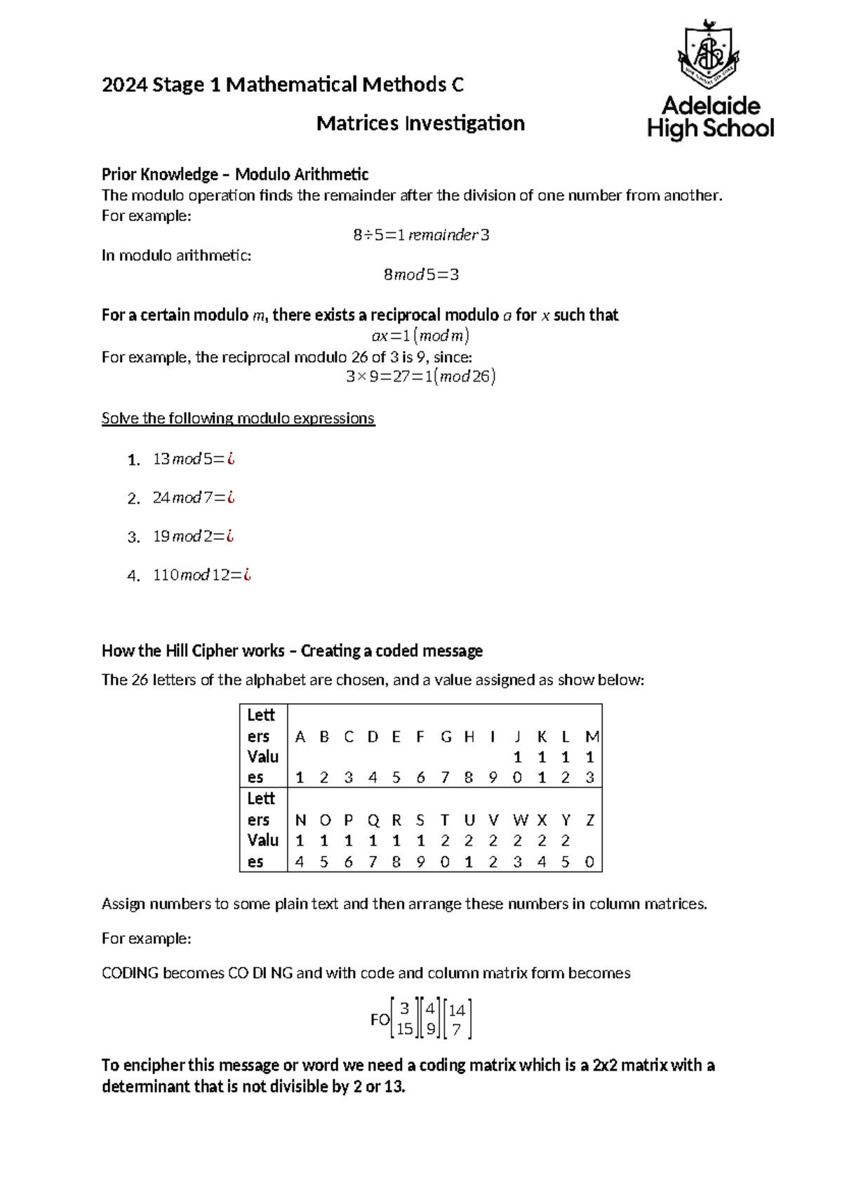 2024 Stage 1 Mathematical Methods C: Matrices Investigation and Cipher ...