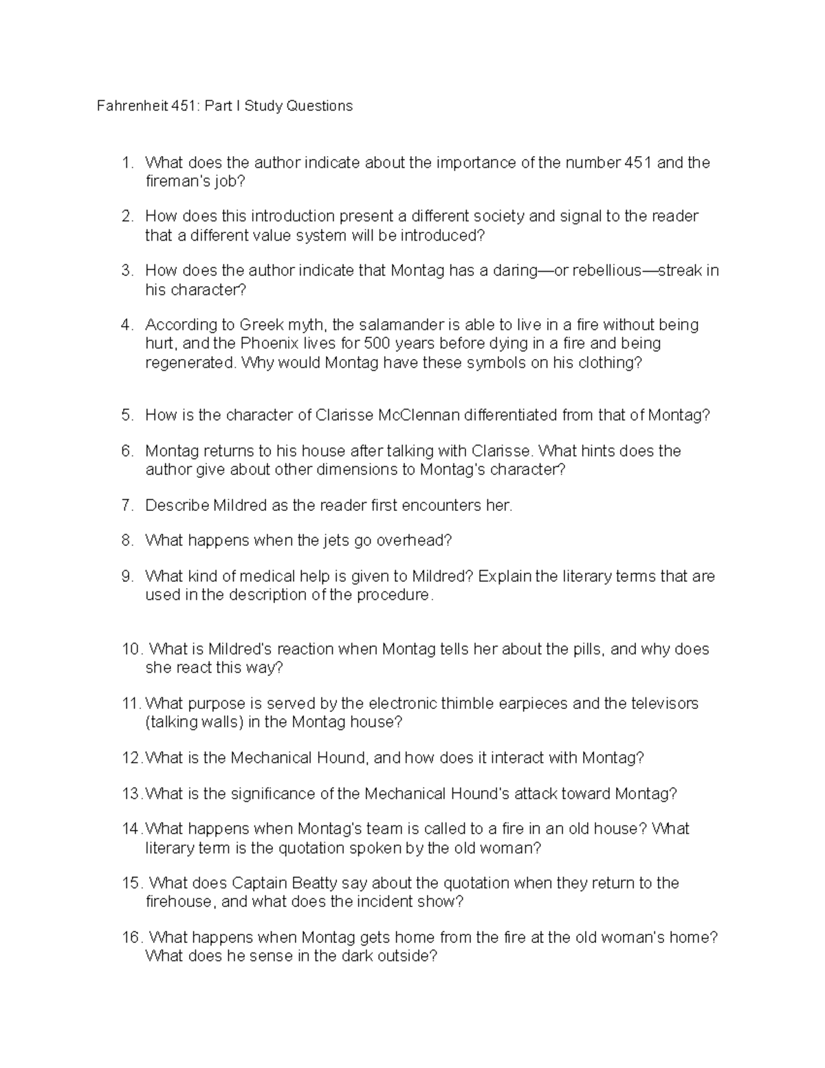 Fahrenheit 451 Part I Study Questions and Analysis Guide - Studocu