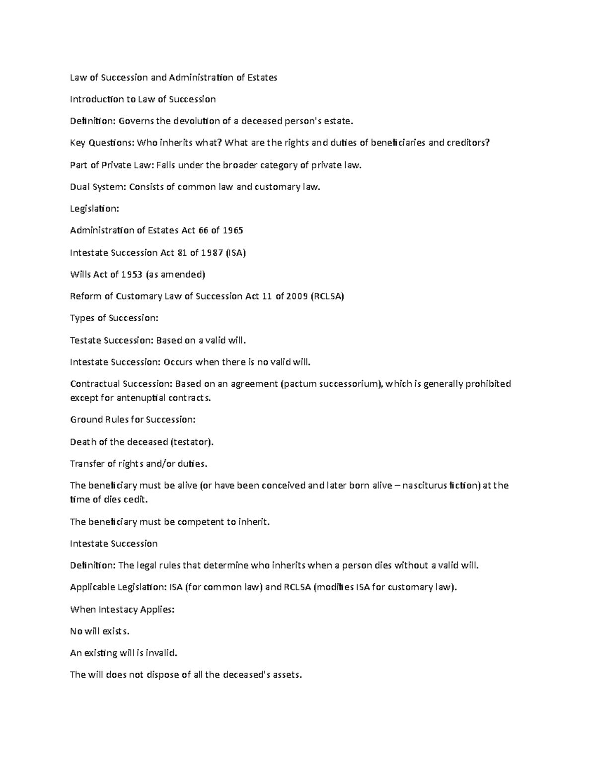 Law of Succession & Estate Admin: Chapter 1-5 Notes - Studocu