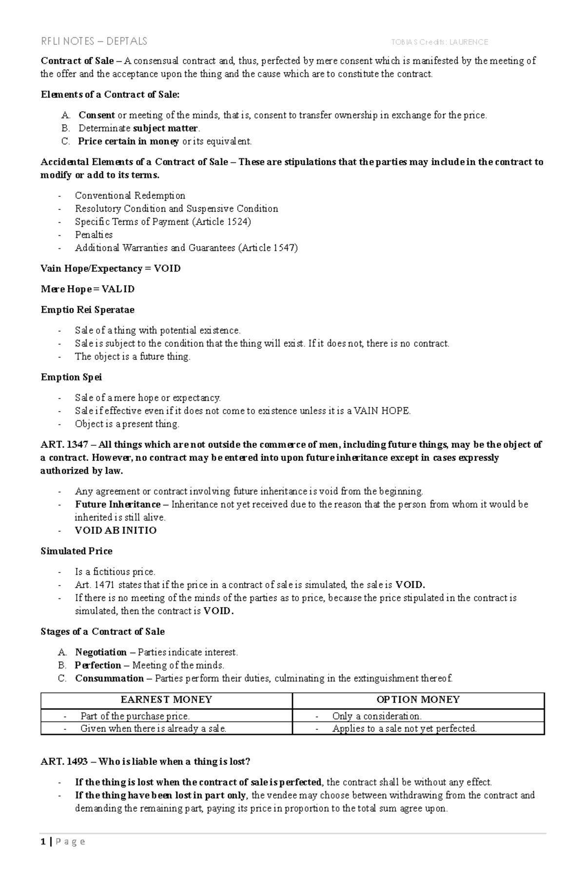 RFLI- Contract of Sale Review for Finals Exam Preparation - Studocu