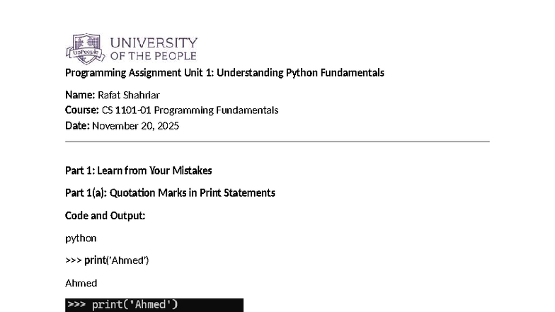 CS Programming Fundamentals: Unit 1 - Python Basics Assignment - Studocu