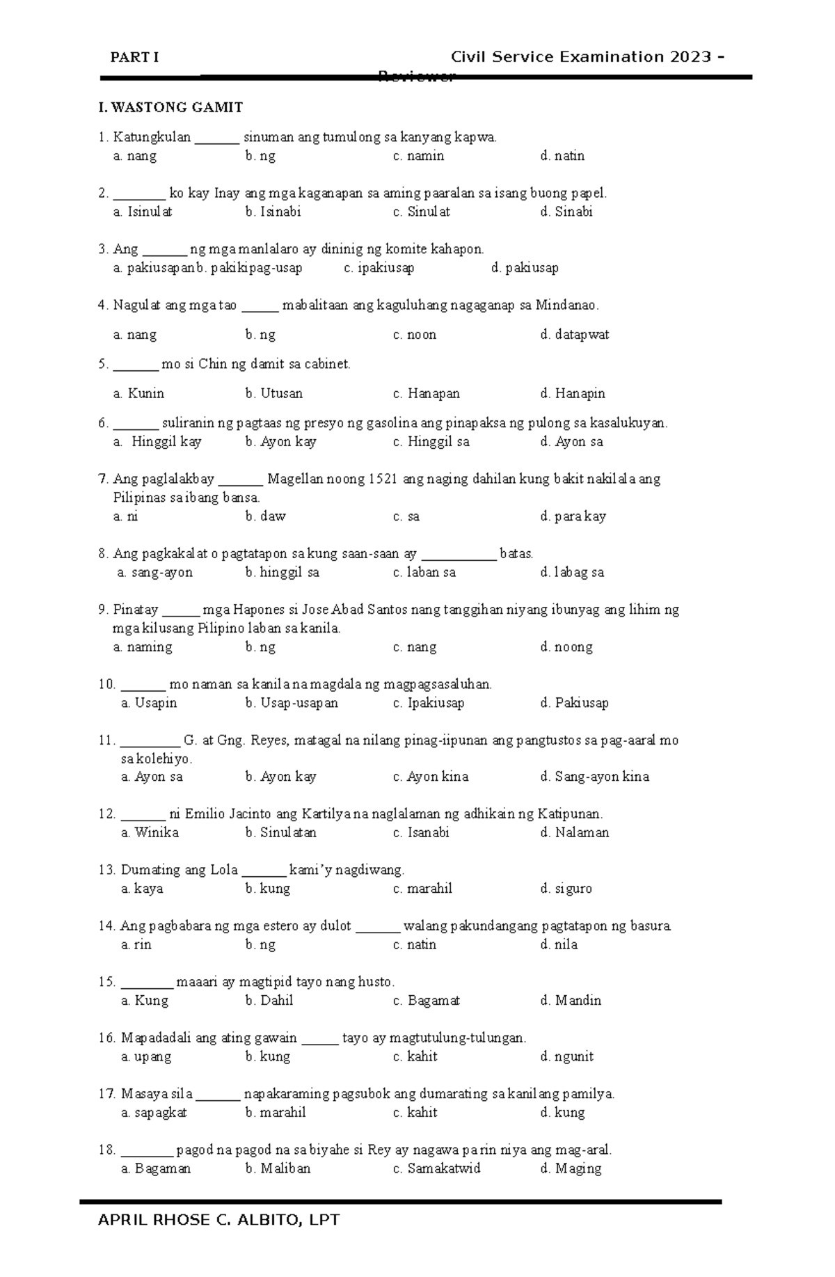 CSE Reviewer: Filipino Language Structure and Usage Part 1 - Studocu