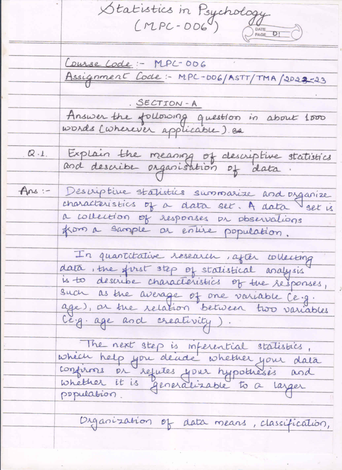 MPC 006 - Descriptive Statistics and Data Organization in Psychology ...