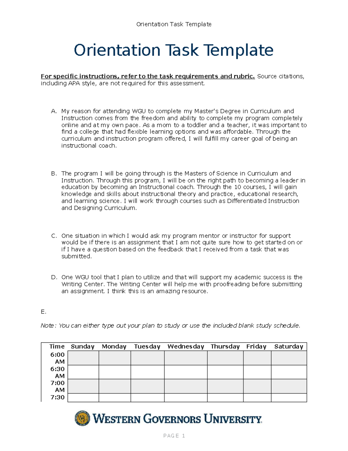 WGU Orientation Task Template for Curriculum & Instruction Program ...