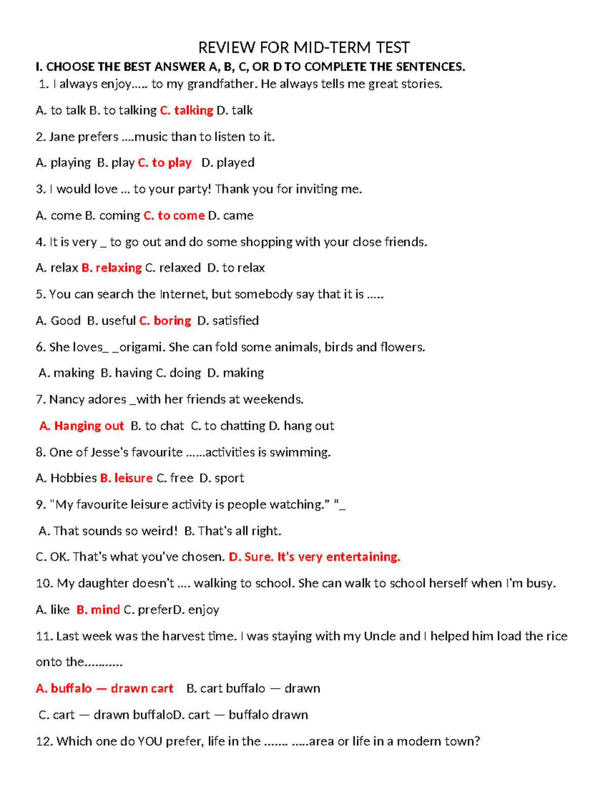 REVIEW FOR TEST I: CHOOSE THE BEST ANSWER (MID) - Studocu
