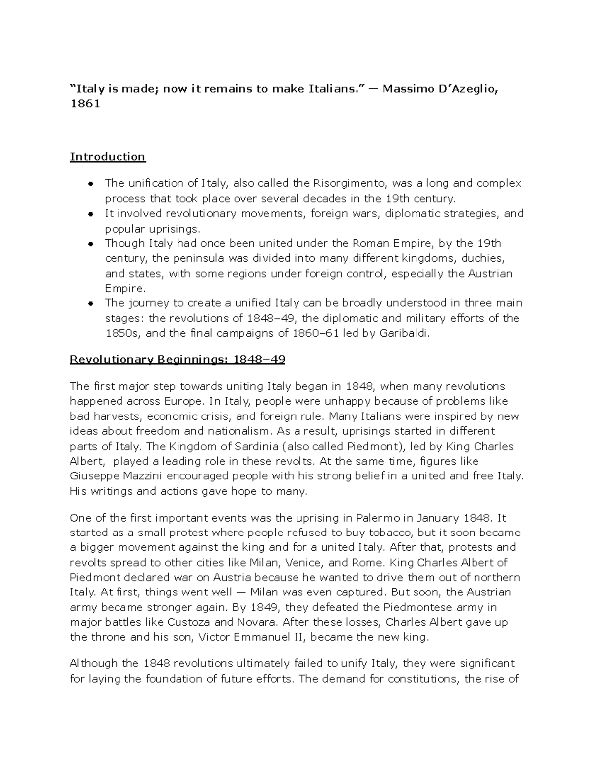 HIST 1861: The Unification of Italy - A Comprehensive Overview - Studocu