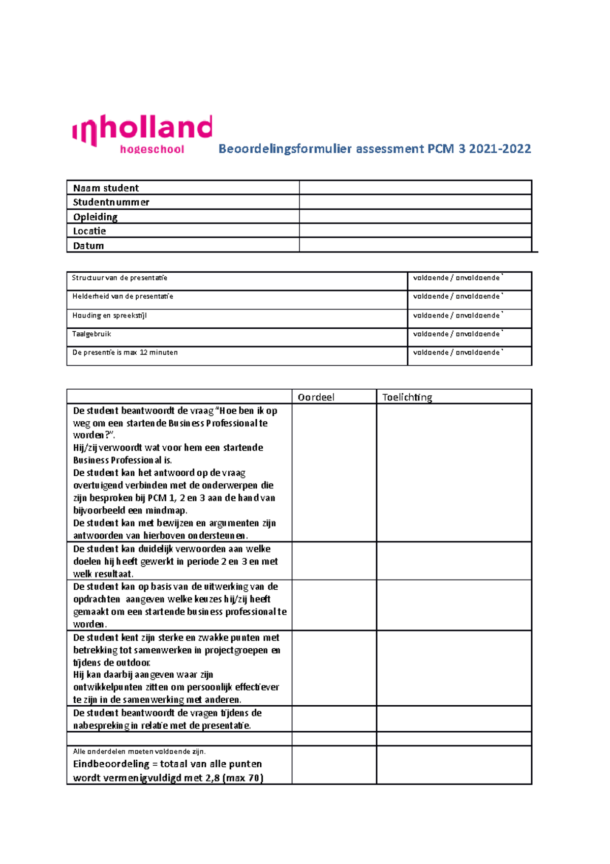 Beoordelingsformulier Assessment PCM 3 - Jaar 1 (2021-2022) - Studeersnel