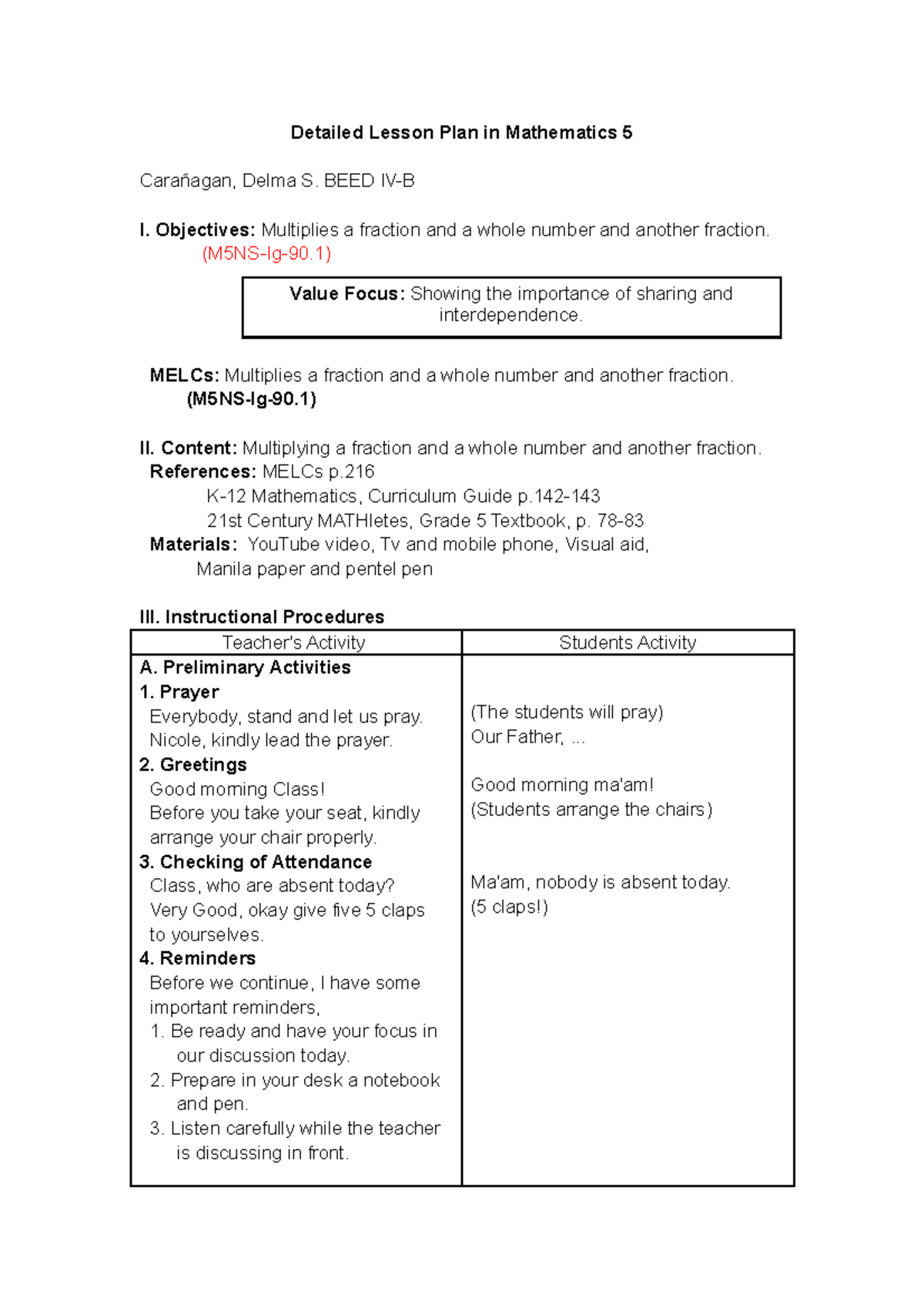 Lesson Plan: Multiplying Fractions and Whole Numbers in Grade 5 - Studocu
