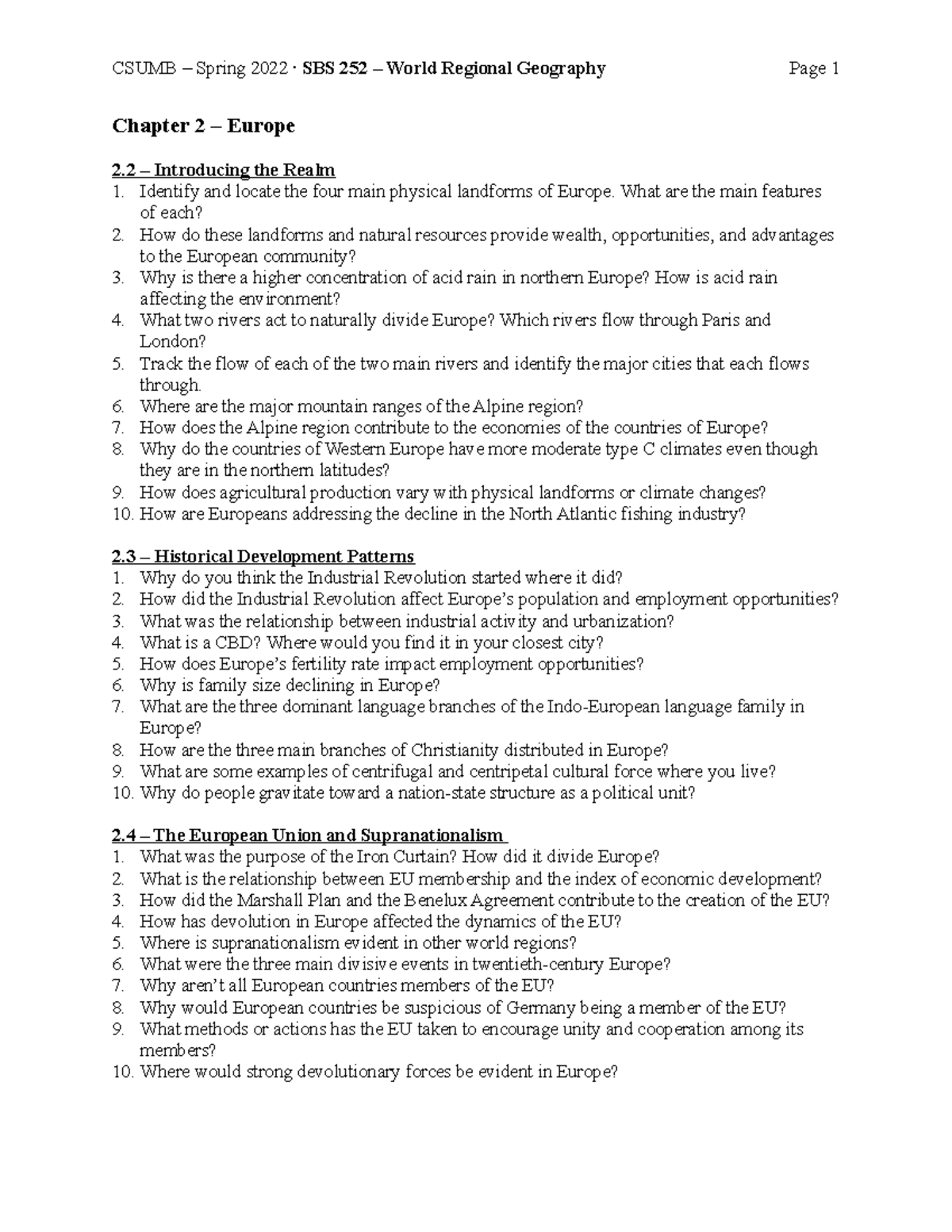 SBS 252 - Ch 2 Study Questions on Europe: Key Concepts in Geography ...
