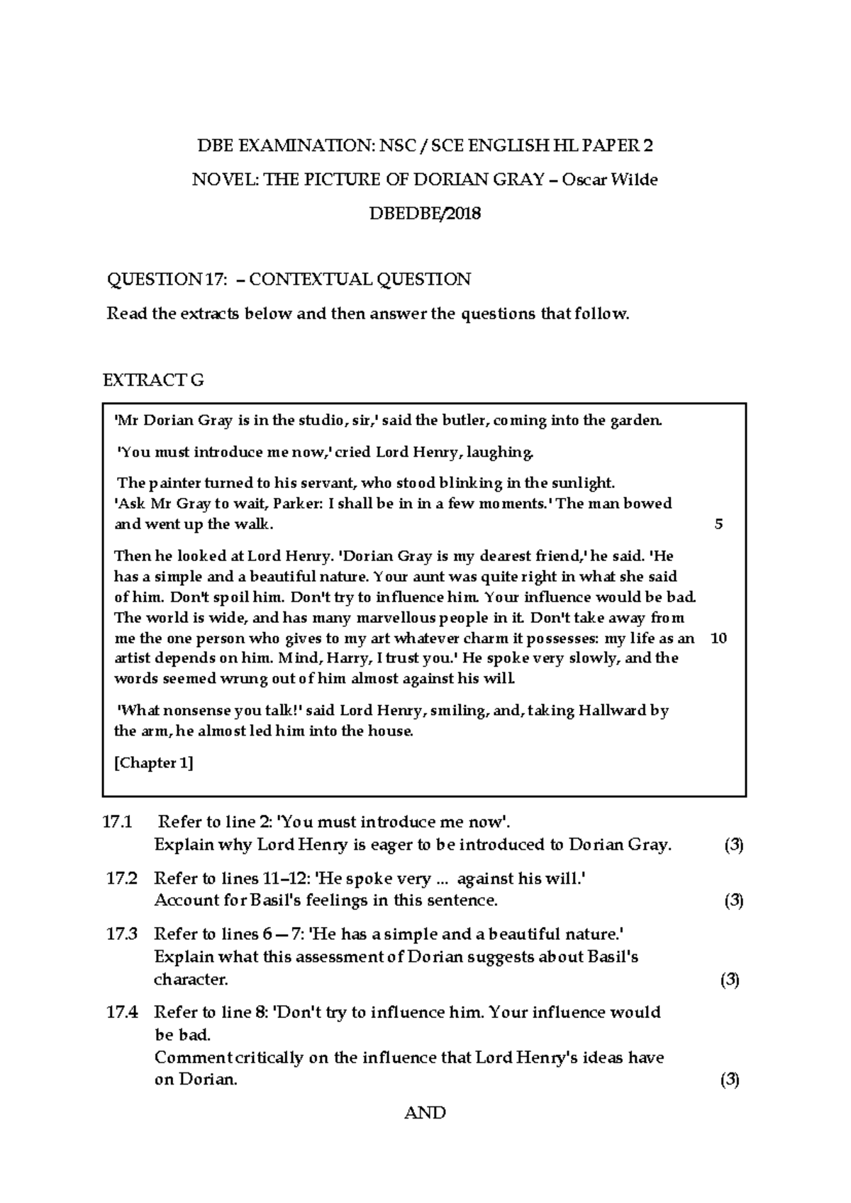 4 DBE English HL P2 - Contextual Qs on The Picture of Dorian Gray - Studocu