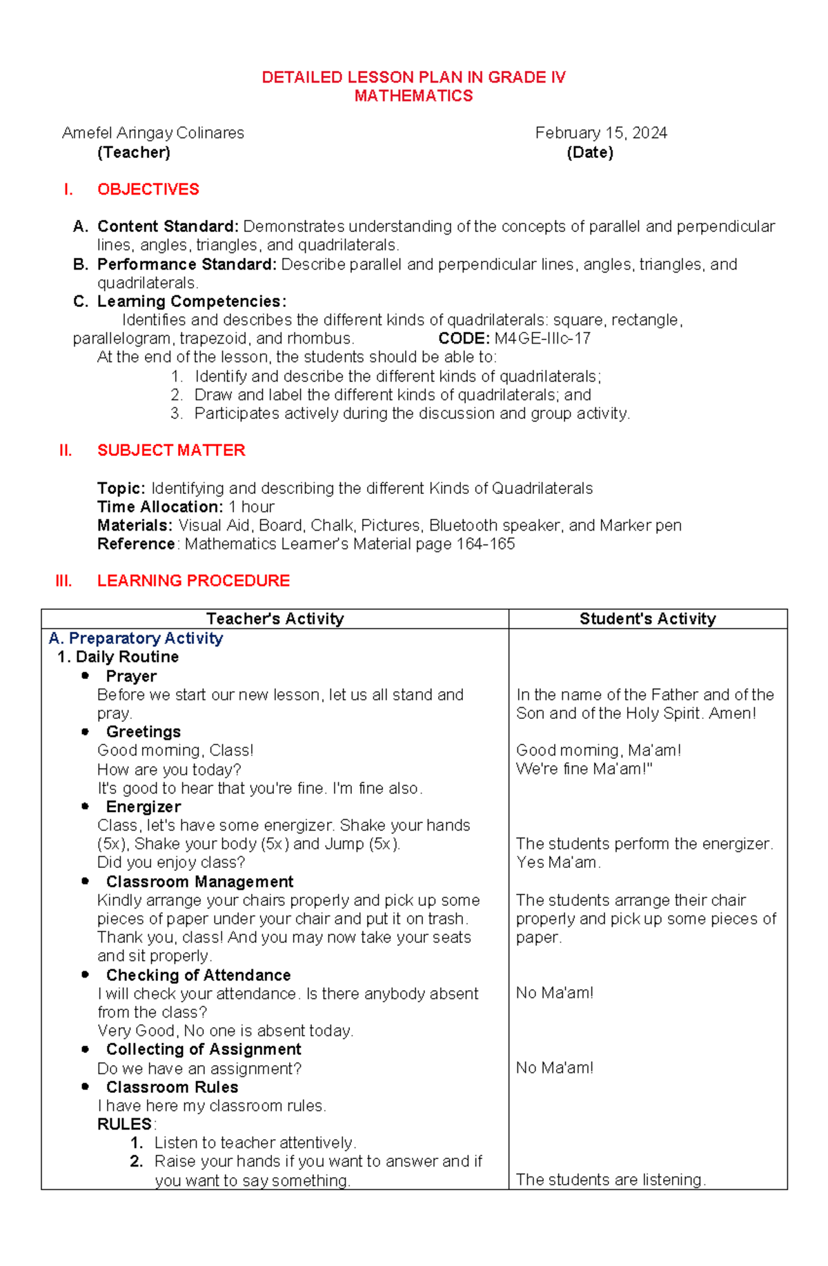 Detailed Lesson Plan: Quadrilaterals in Grade IV Math (MATH 4) - Studocu