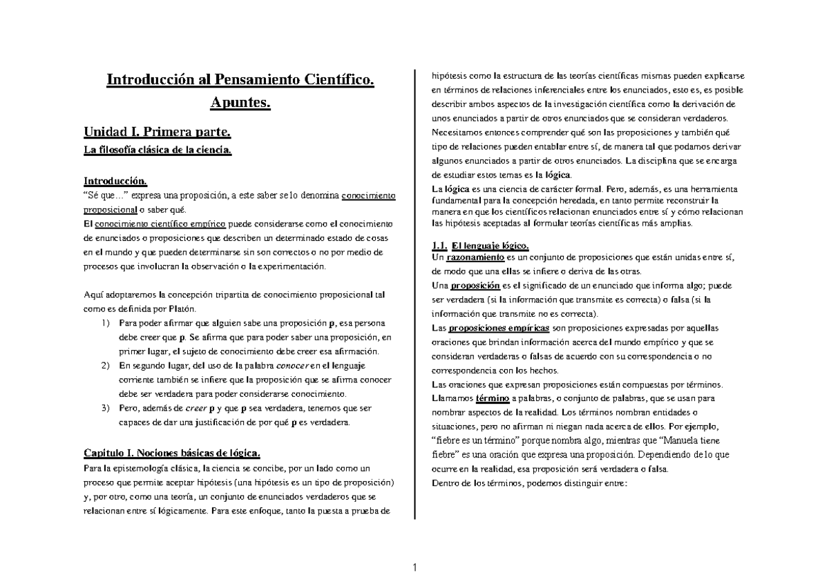Resumen de la Unidad I: Lógica y Teoría Científica - IPC 101 - Studocu
