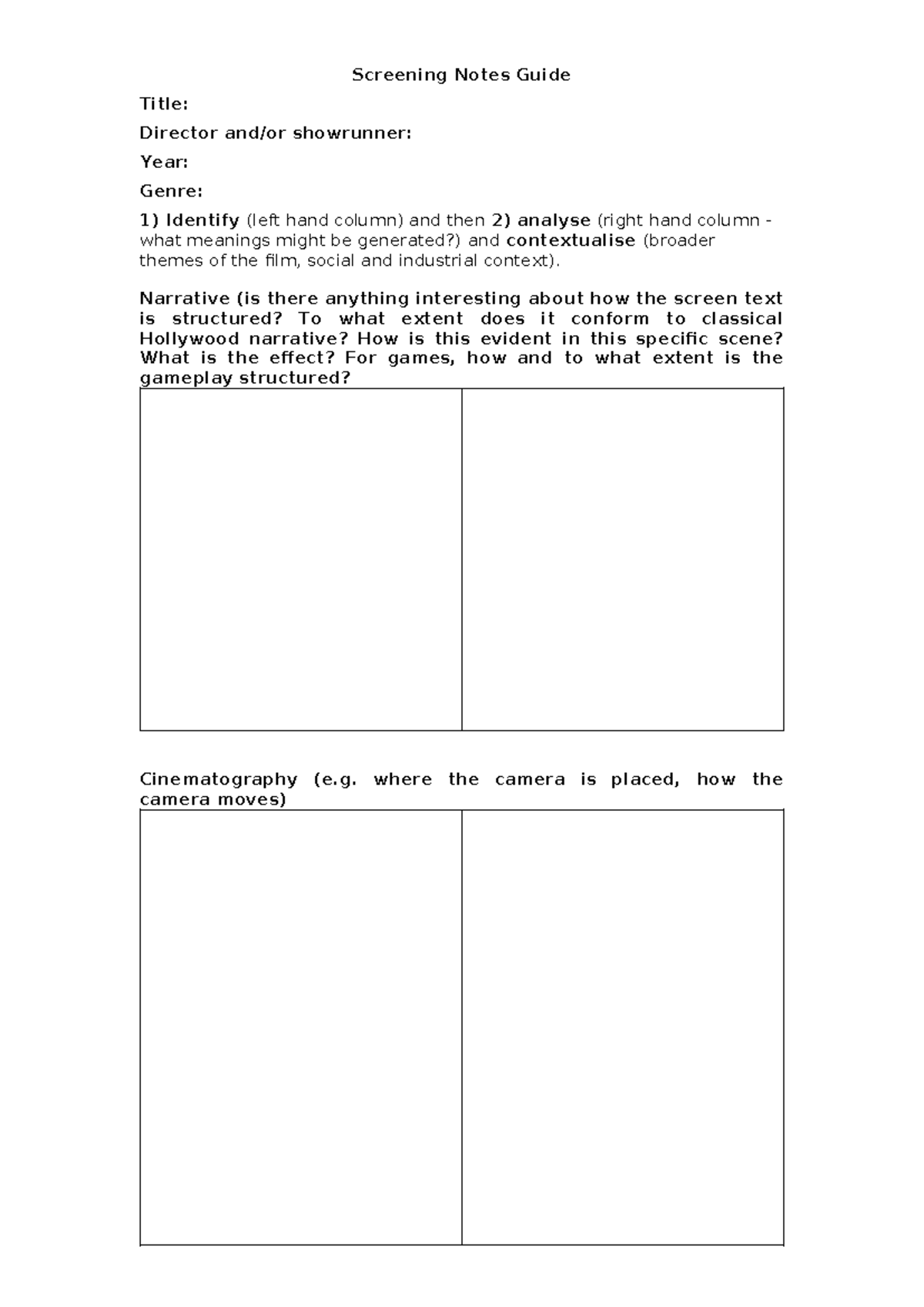 Screening Notes Guide: Analyzing Film & TV Texts - Studocu