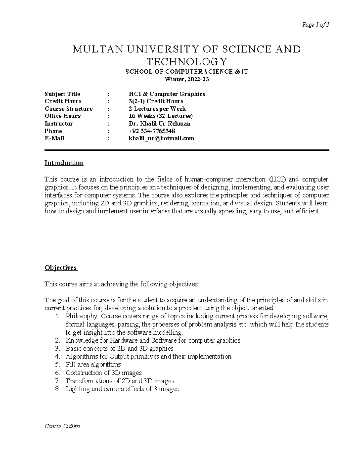 HCI & Computer Graphics Course Outline - Fall 2025 - Studocu