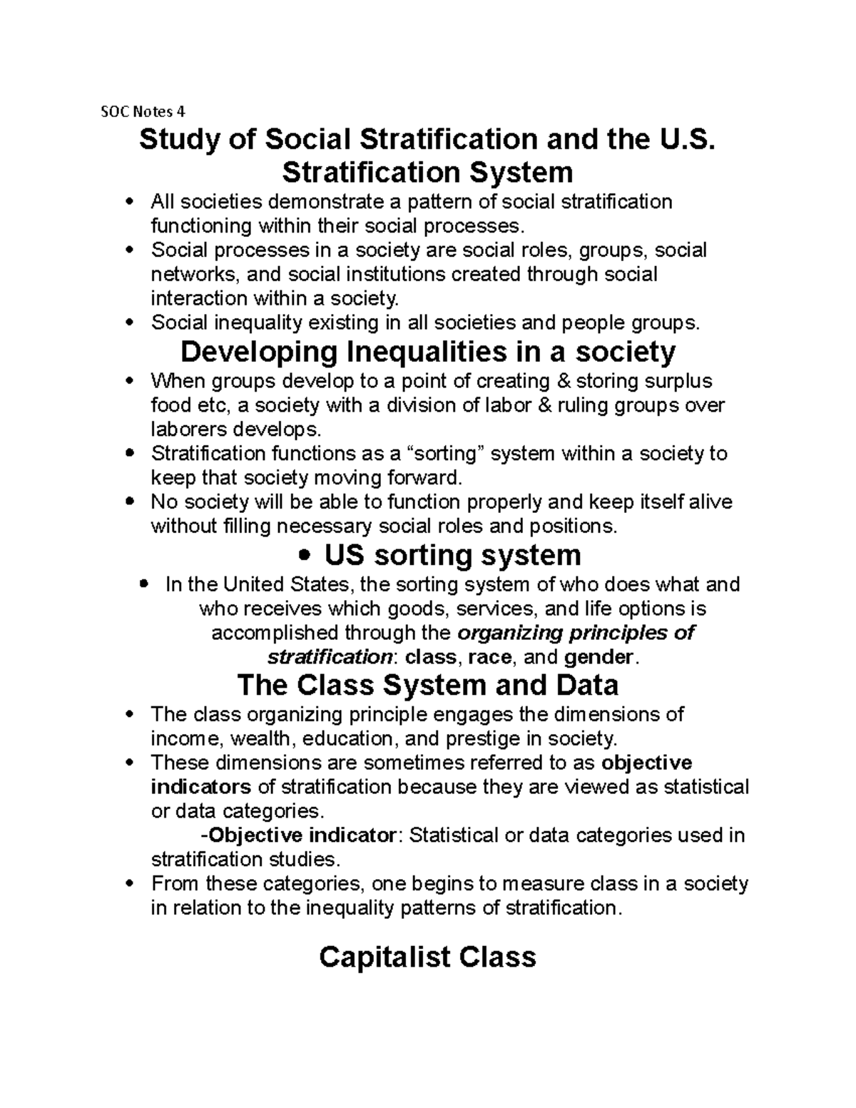 SOC Notes 4: Study of Social Stratification and the U.S. Stratification ...