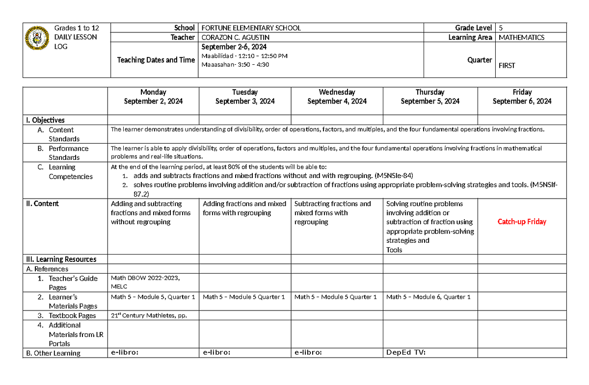Agustin-Corazon-MATH5 Q1 Weekly Lesson Plan and Log - Studocu