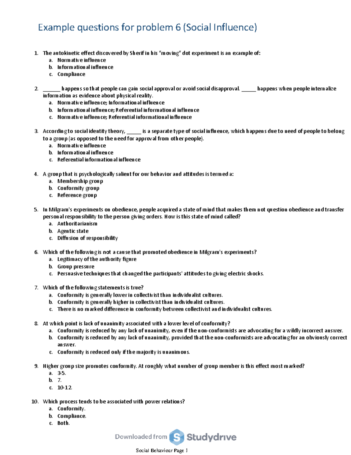 Example questions for problem 6 (Social Influence) - The autokinetic ...