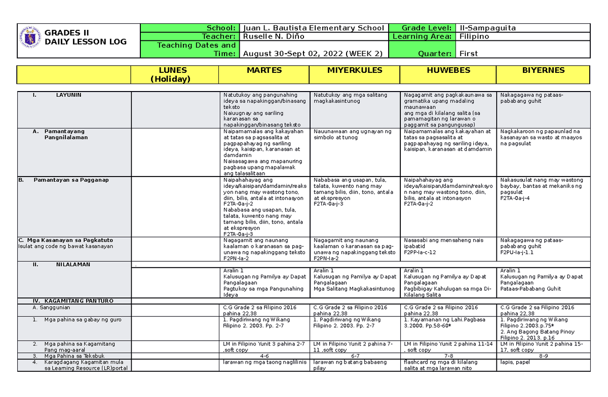 DLL Week-2 Filipino - Lesson Plan - GRADES II DAILY LESSON LOG School ...