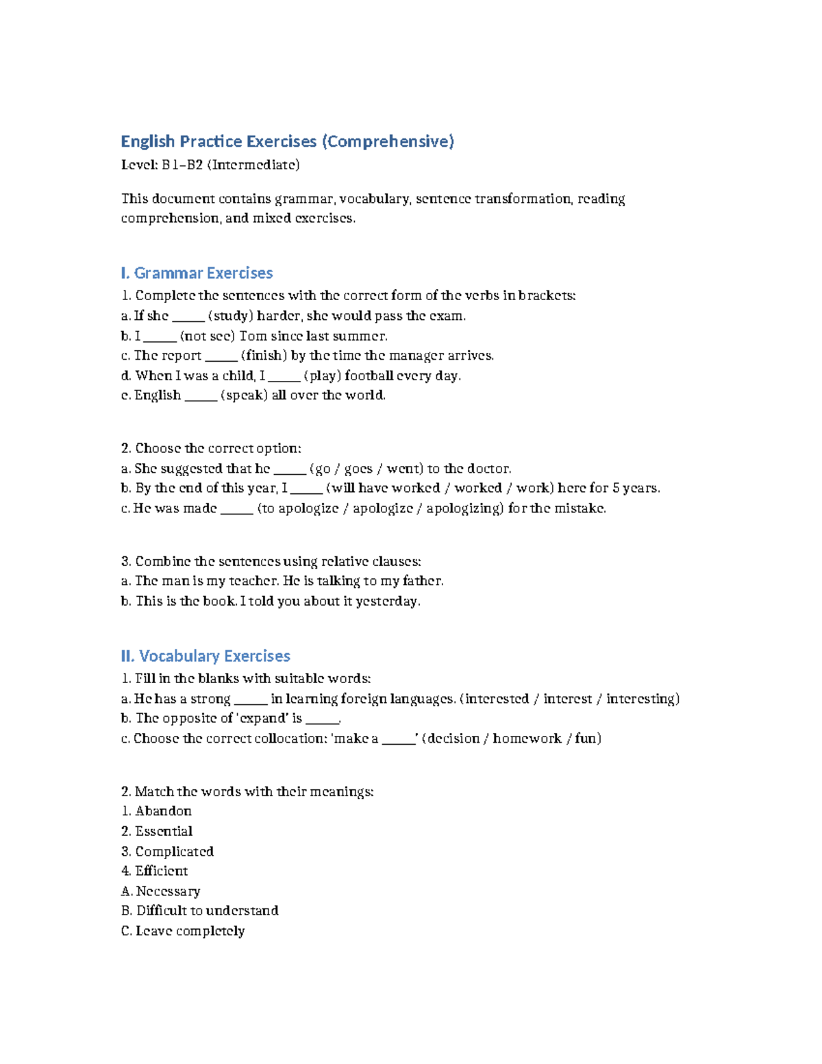 English Practice Exercises (Intermediate Level) - Studocu