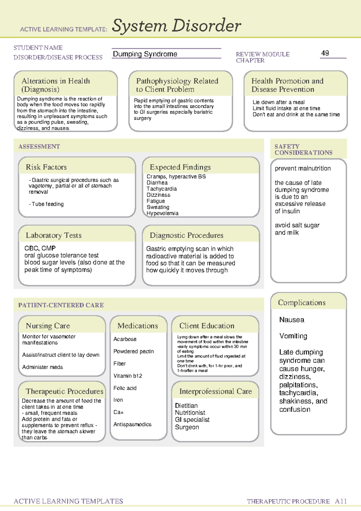 Dumping Syndrome ATI Active Learning Template: Health Alterations ...