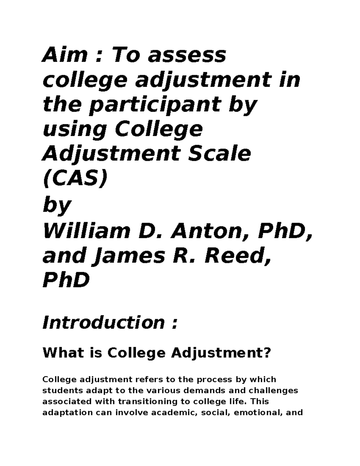 Assessing College Adjustment: Insights from the College Adjustment ...