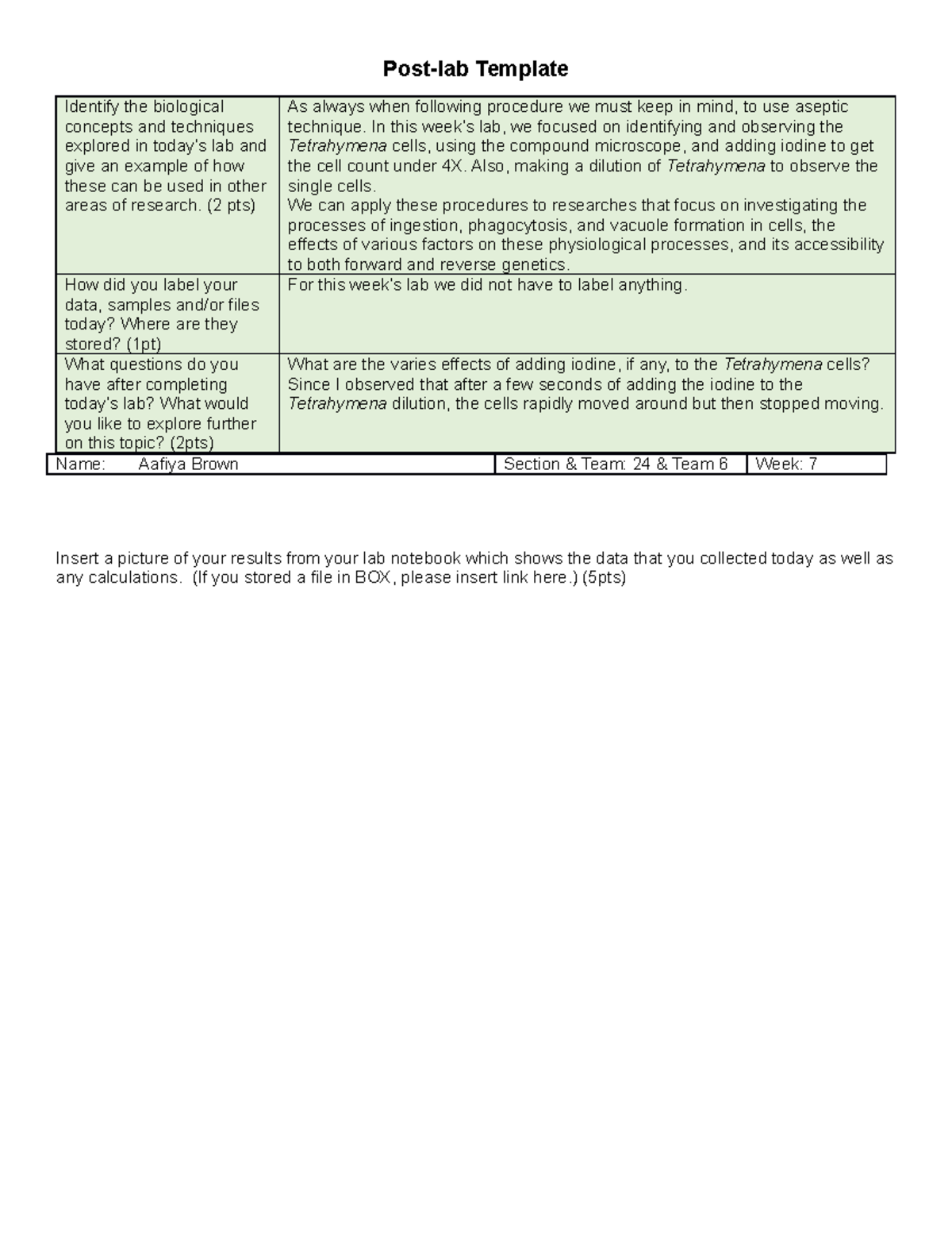 BIO 1106 Post-lab Assignment (Week 7) - Post-lab Template Identify the ...