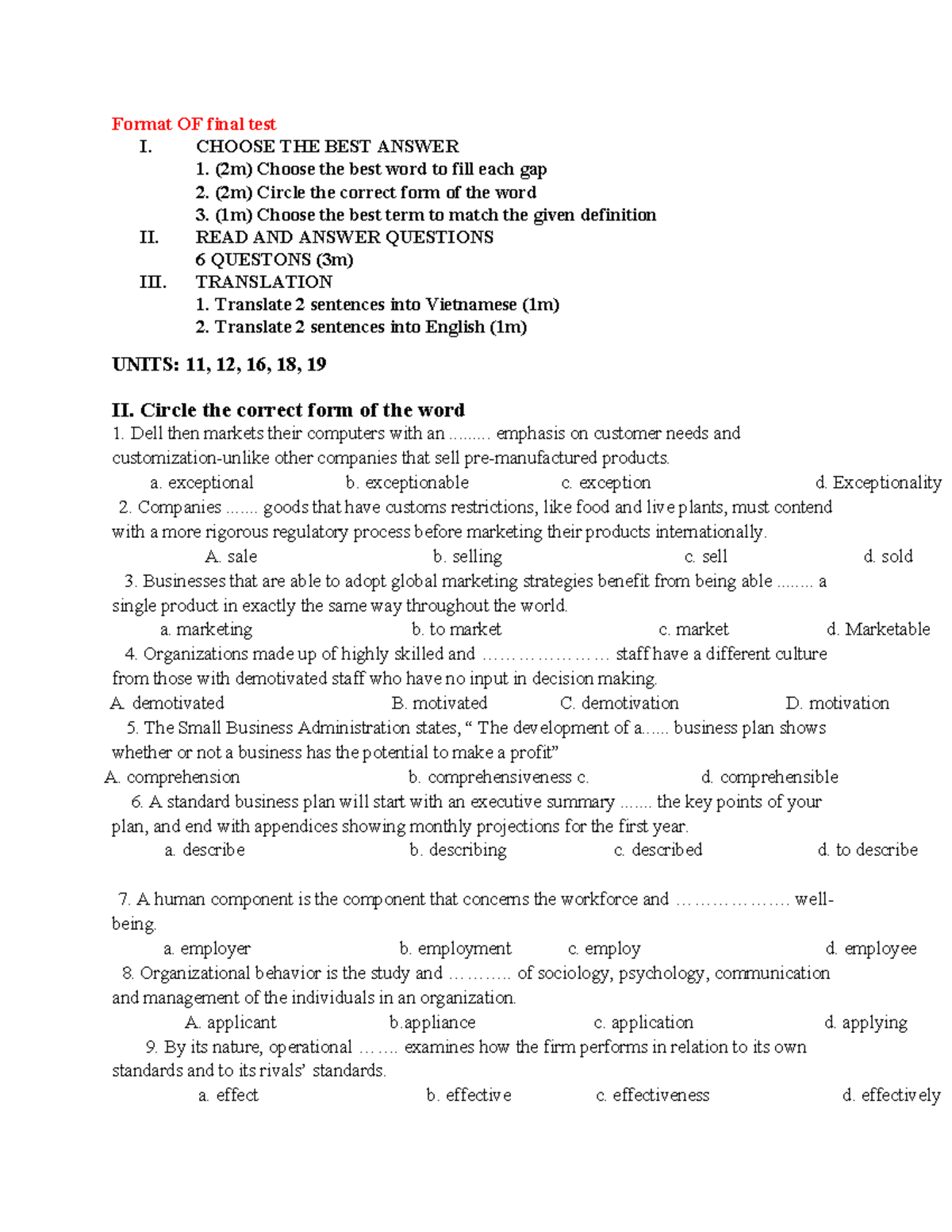 Revision NO KEY PART2docx - Format OF final test I. CHOOSE THE BEST ...