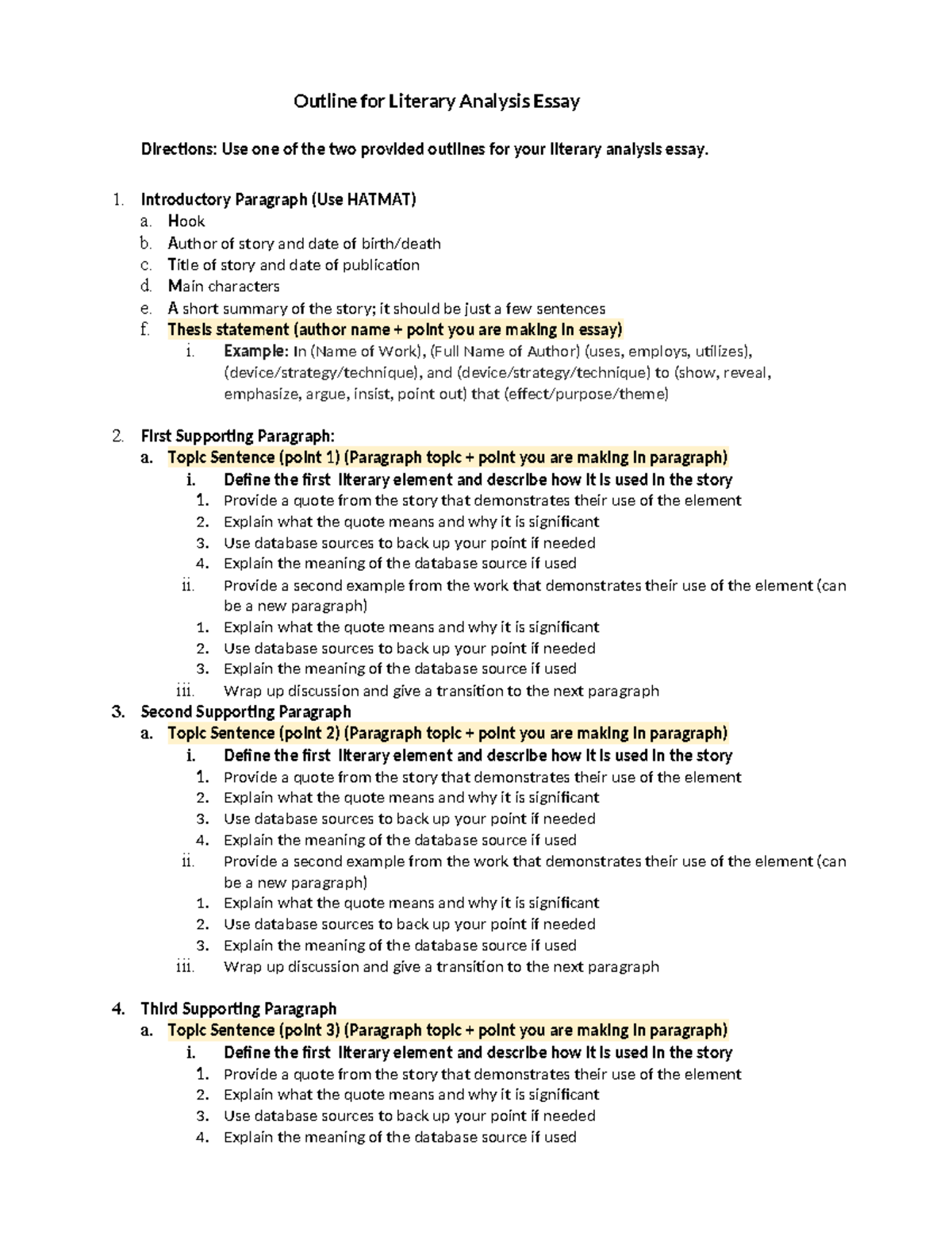 Outline for Literary Analysis - 1. Introductory Paragraph (Use HATMAT ...