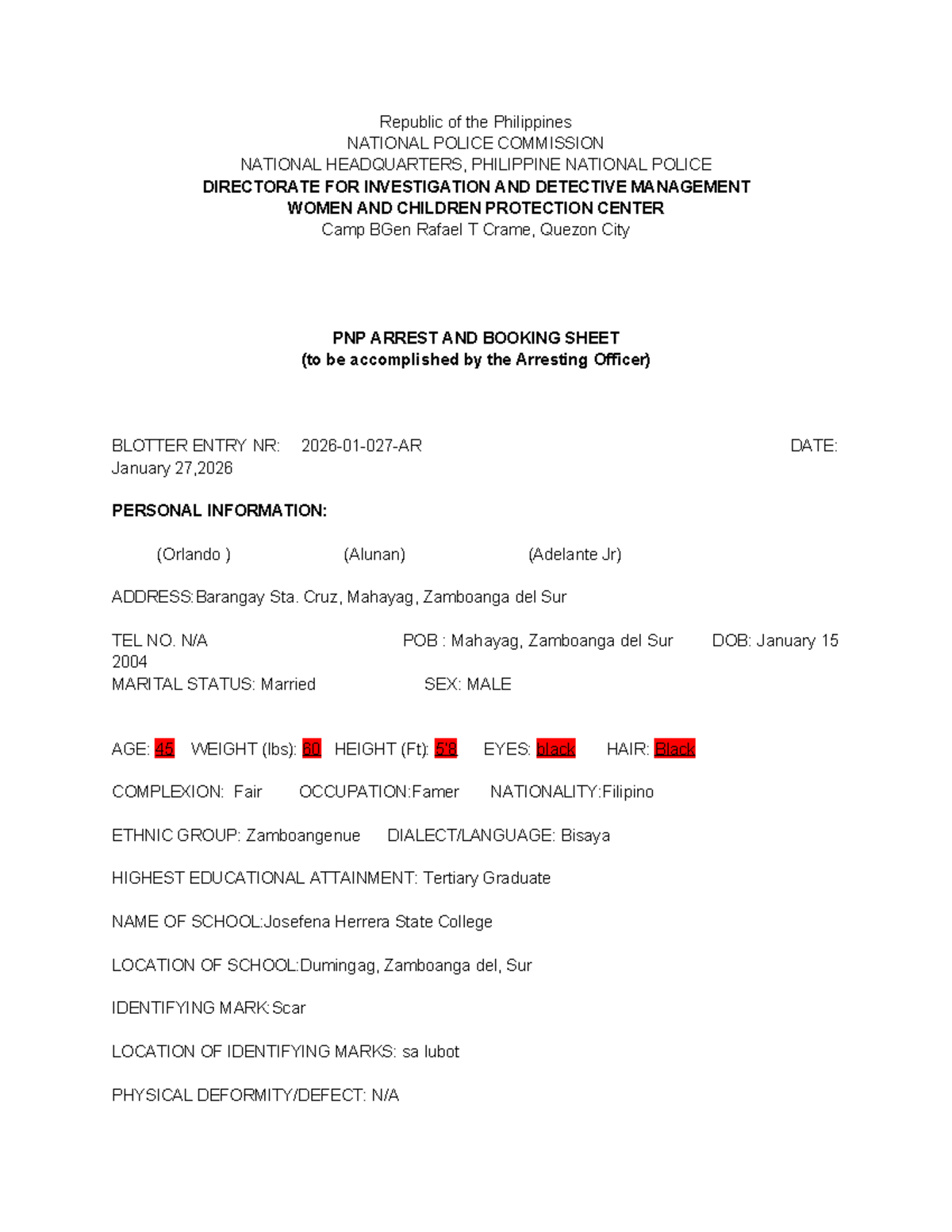 PNP Arrest and Booking Sheet - January 27, 2026 - Studocu