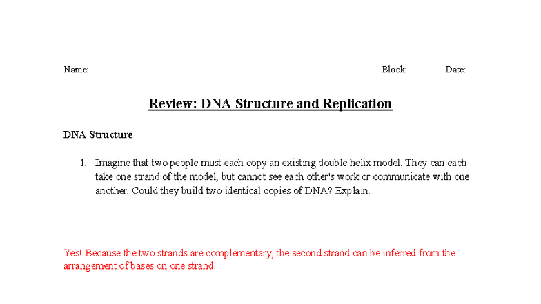 DNA Structure and Replication Quiz Review (BIO101) - Studocu