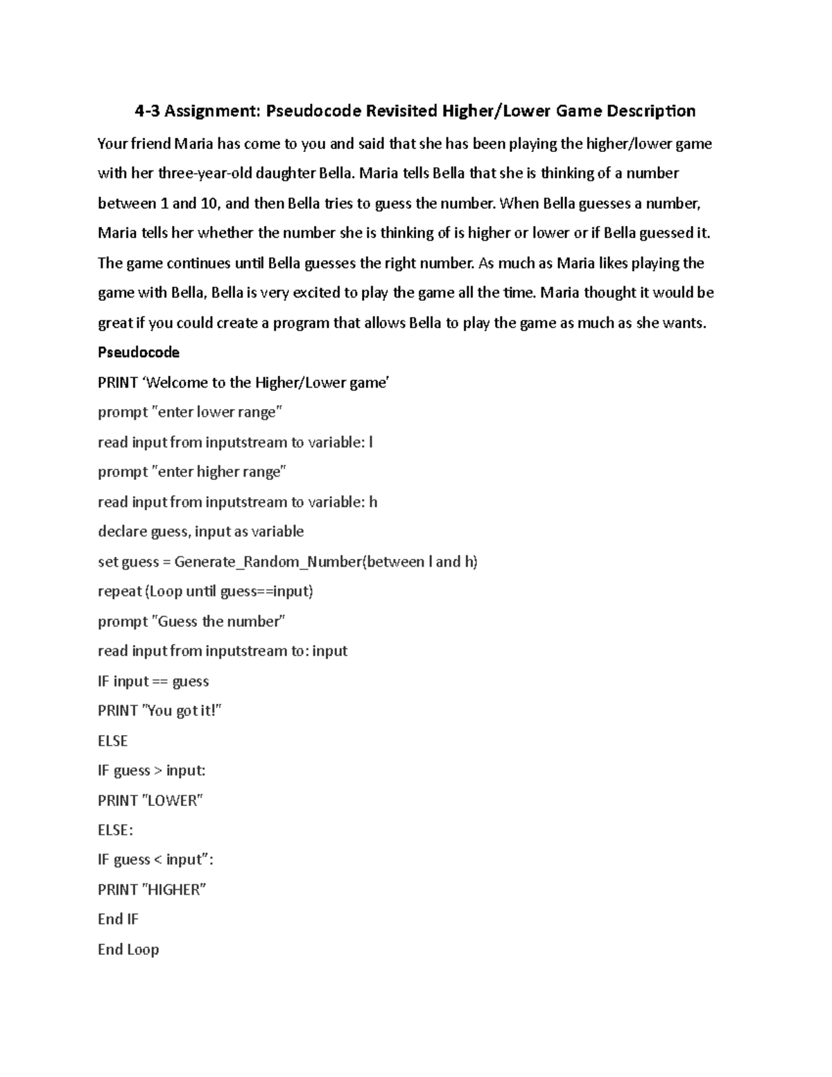 4-3 Assignment: Pseudocode for Higher/Lower Game Implementation - Studocu