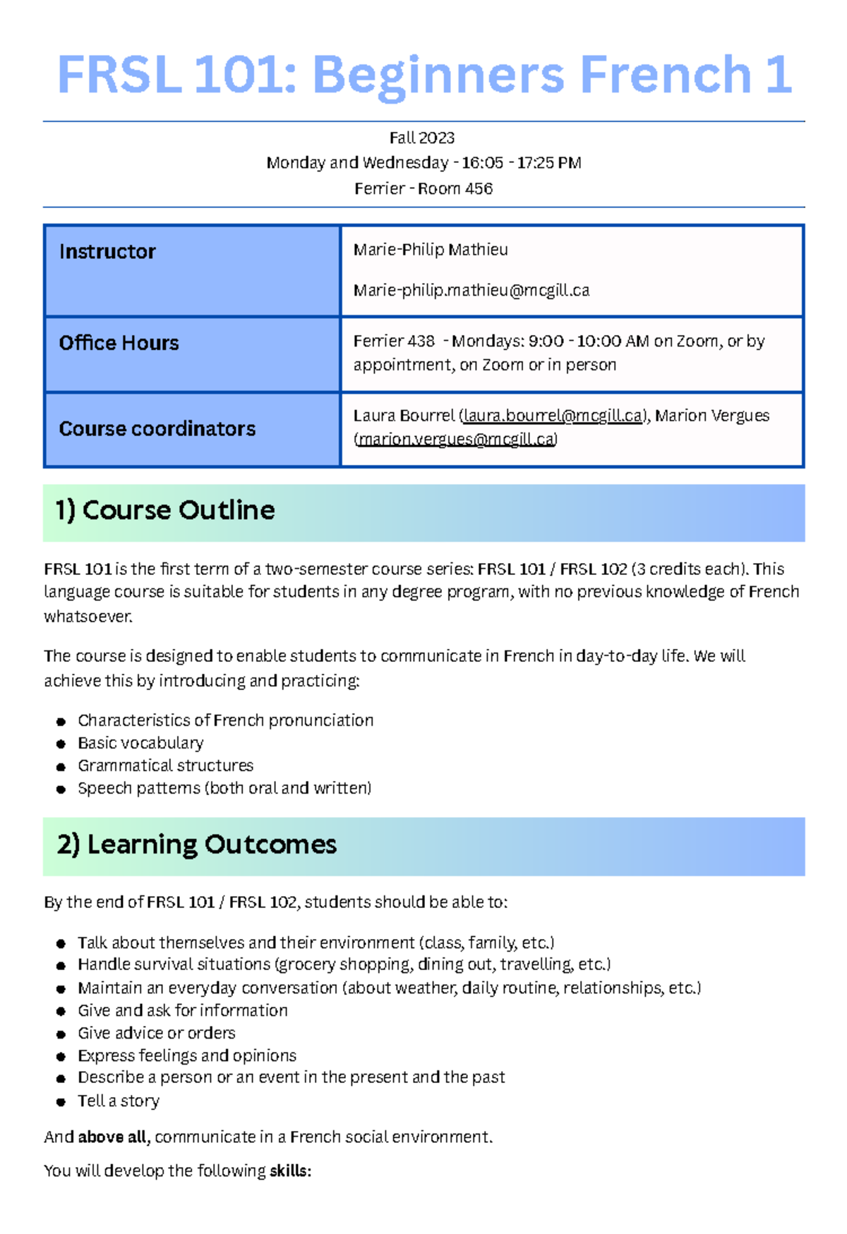 FRSL 101 Syllabus: Beginners French 1 Course Outline for Fall 2023 ...