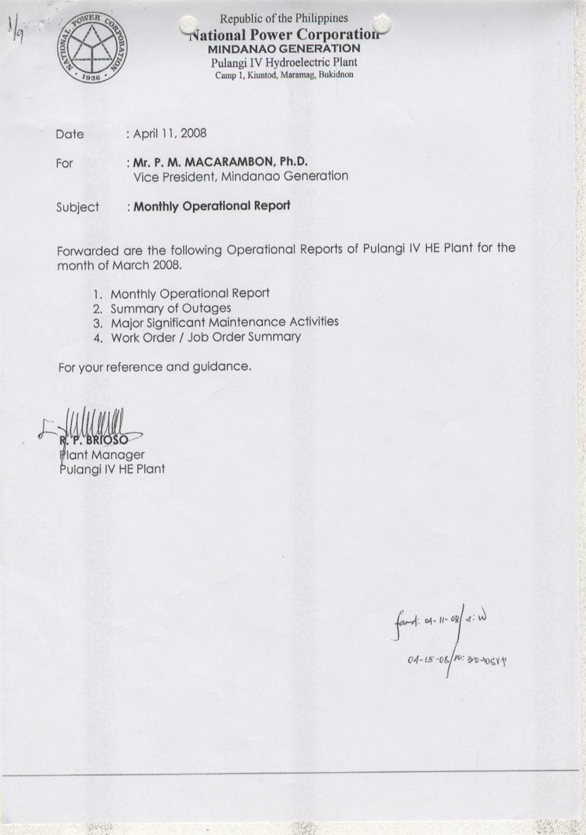 Monthly Operational Report for Pulangi IV HE Plant - March 2008 - Studocu