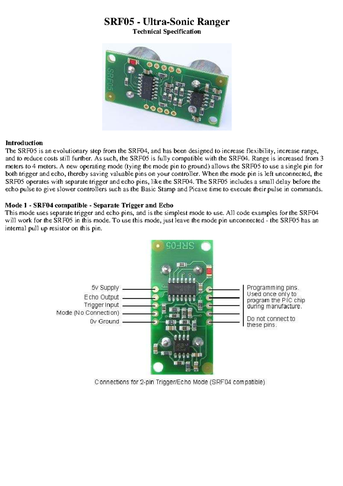 SRF05 Technical Specs: Enhanced Ultrasonic Sensor Features - Studocu