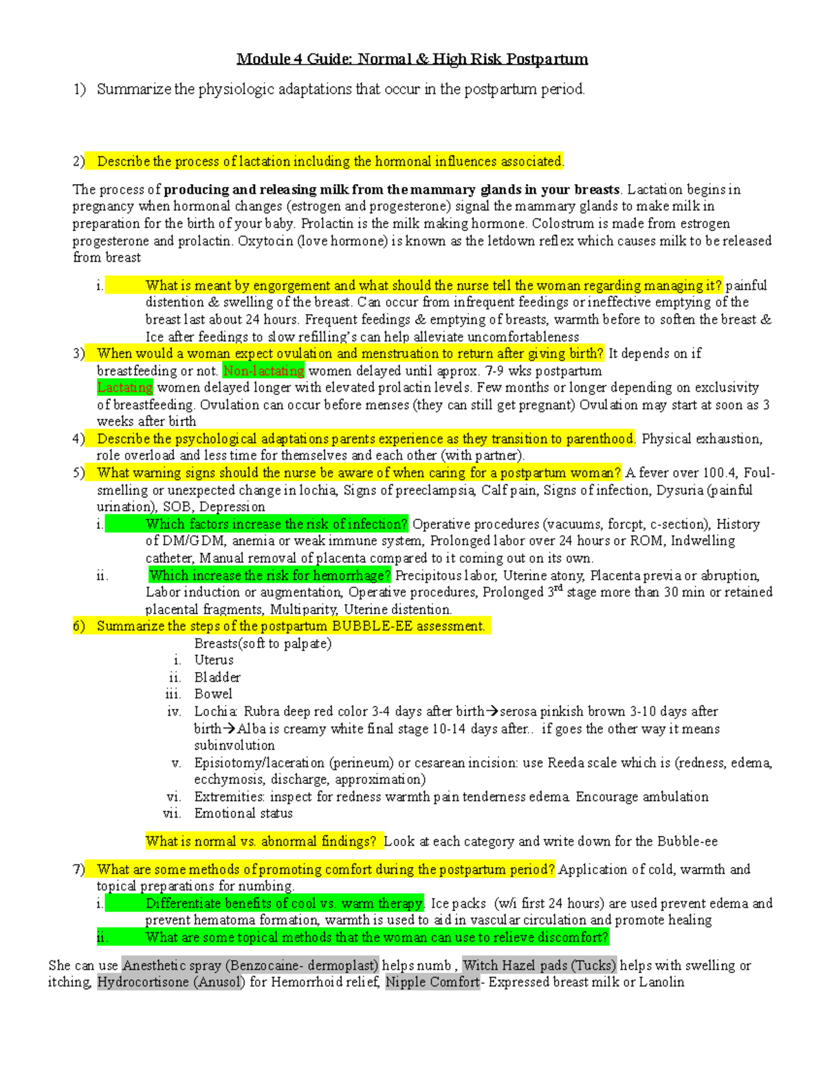 Module 4 Exam Prep: Postpartum Physiology & Nursing Care Notes - Studocu