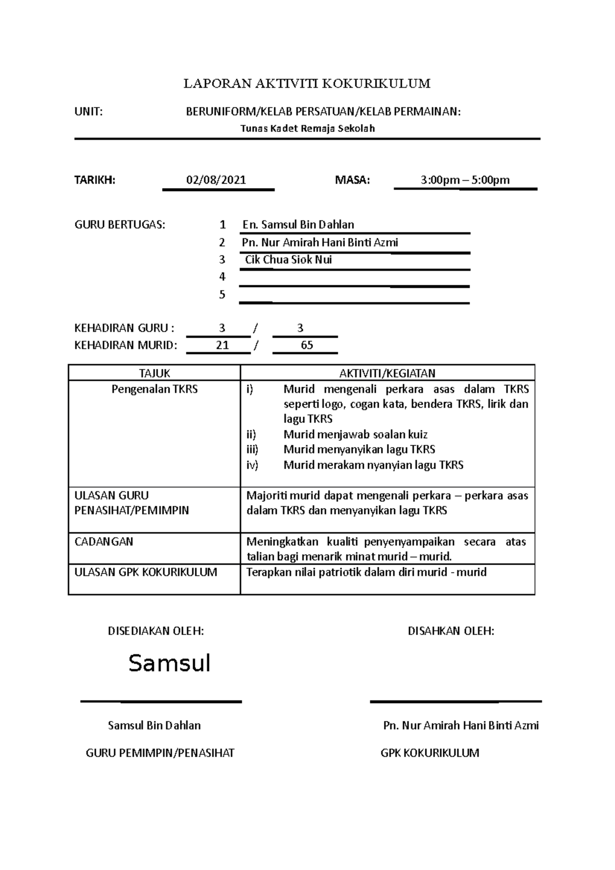 Laporan Aktiviti Kokurikulum: Perjumpaan 1 Tunas Kadet Remaja Sekolah ...