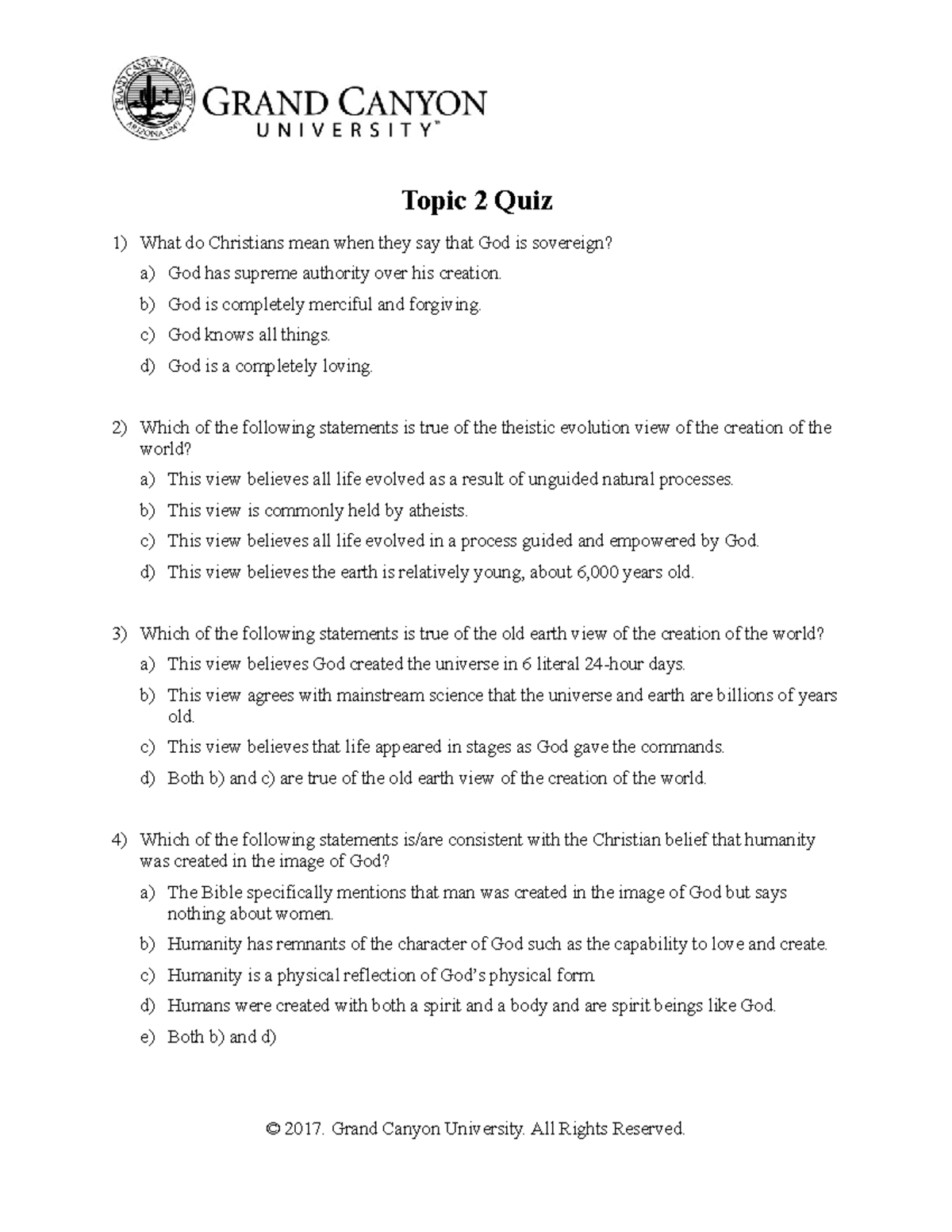 CWV-101-Q2 - Topic 2 Quiz on Divine Sovereignty and Creation - Studocu
