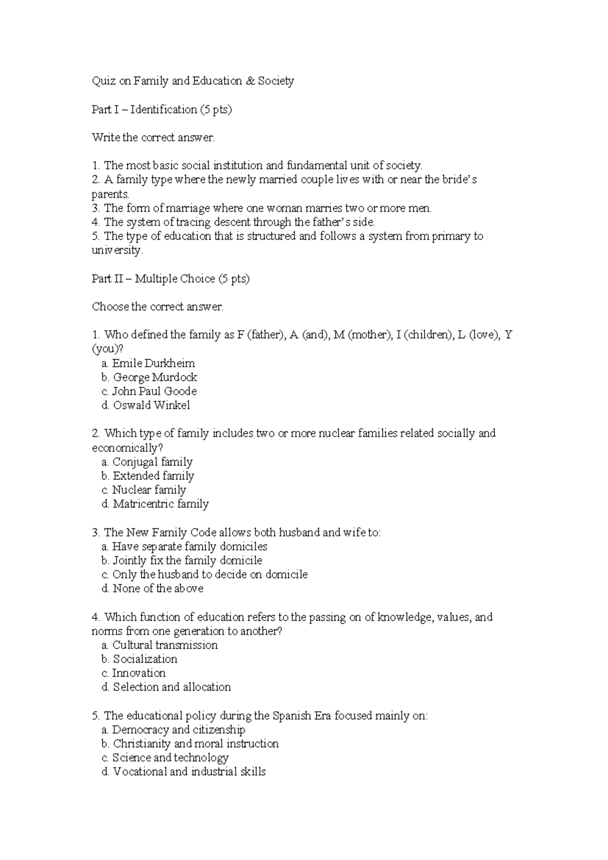 Quiz on Family and Education Society (SOC 101) - Identification & MCQ ...