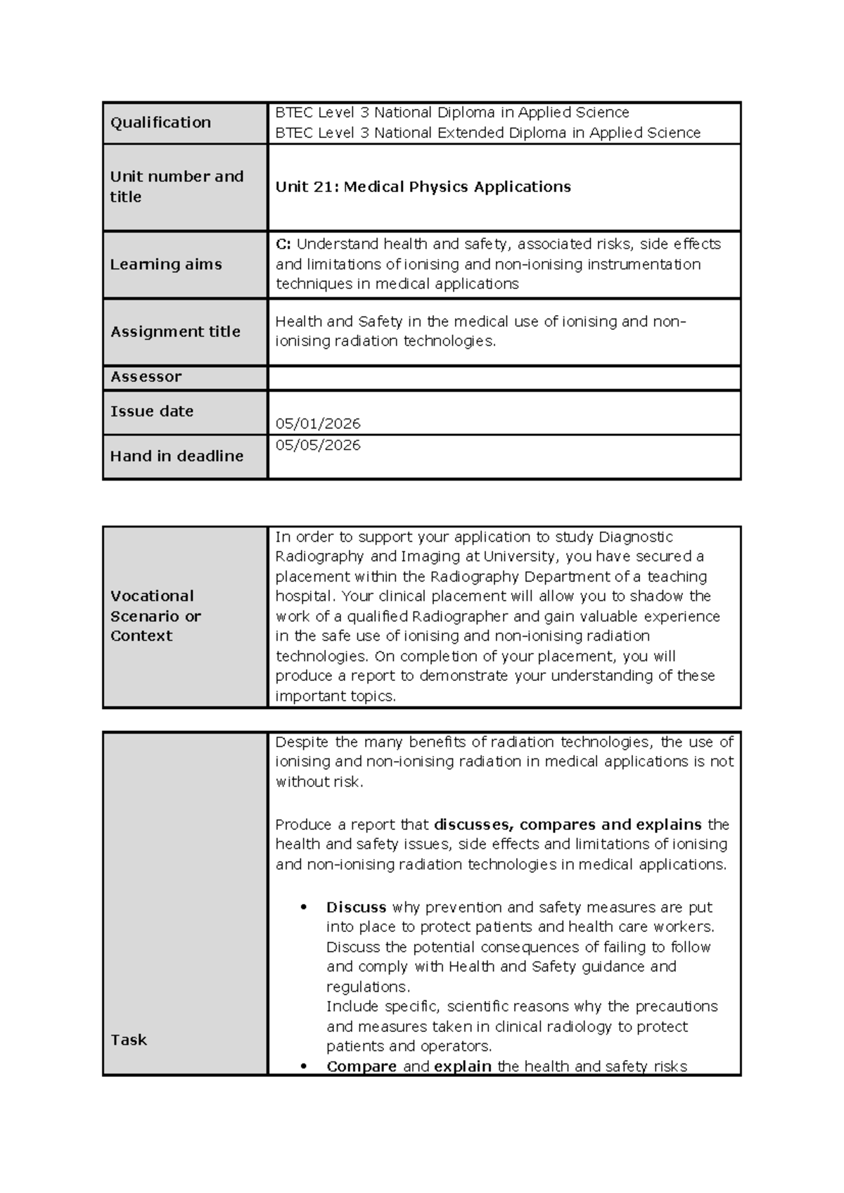 BTEC Level 3 Unit 21: Health & Safety in Medical Radiation Technologies ...