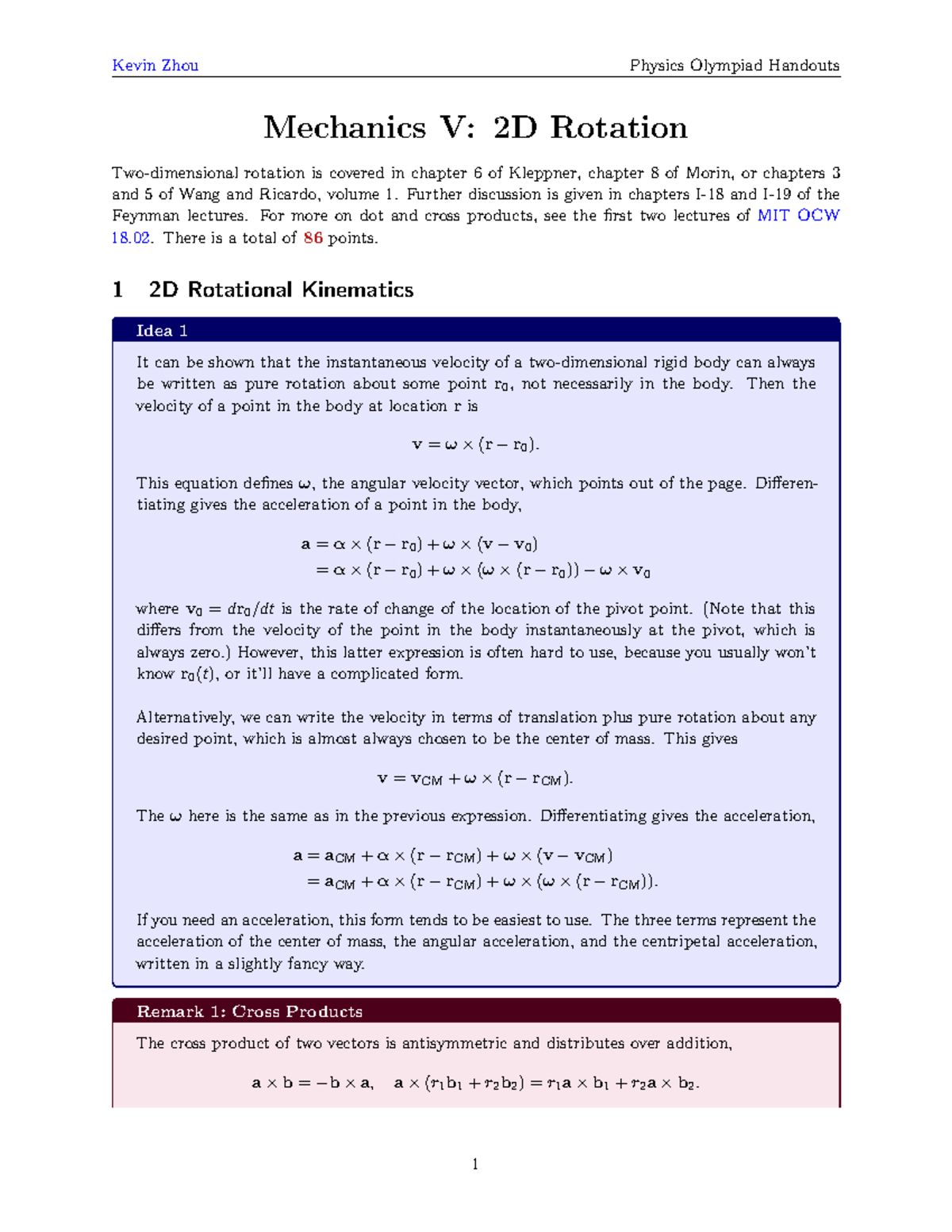 Kevin Zhou Physics Olympiad Handouts: Mechanics V - 2D Rotation Notes ...