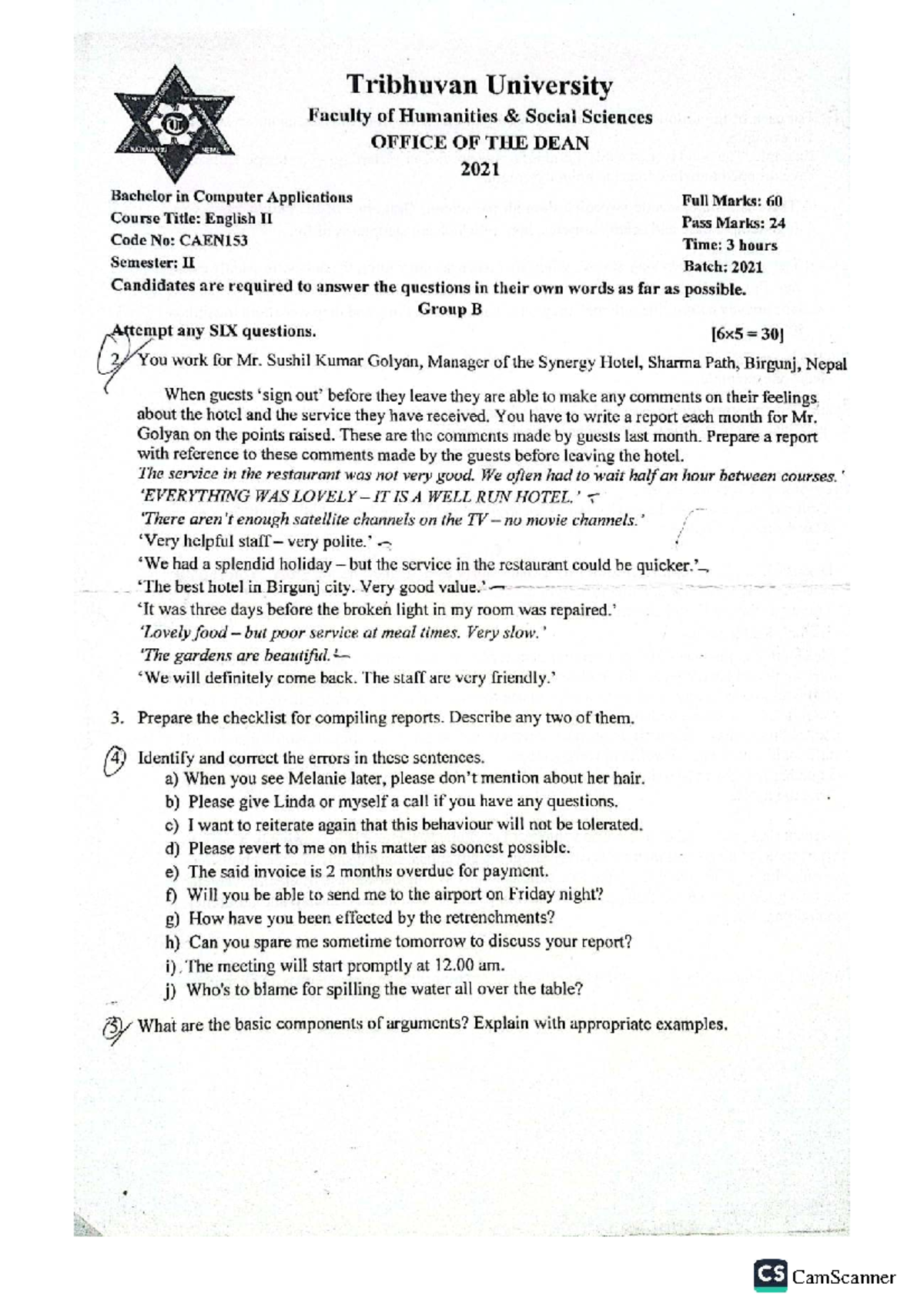 2nd Sem English II (CAEN153) 2021 Question Paper - TU - Studocu
